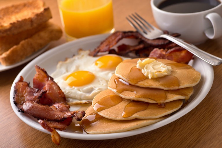 Breakfast with bacon, eggs, pancakes, and toast Breakfast with bacon, eggs, pancakes, and toast